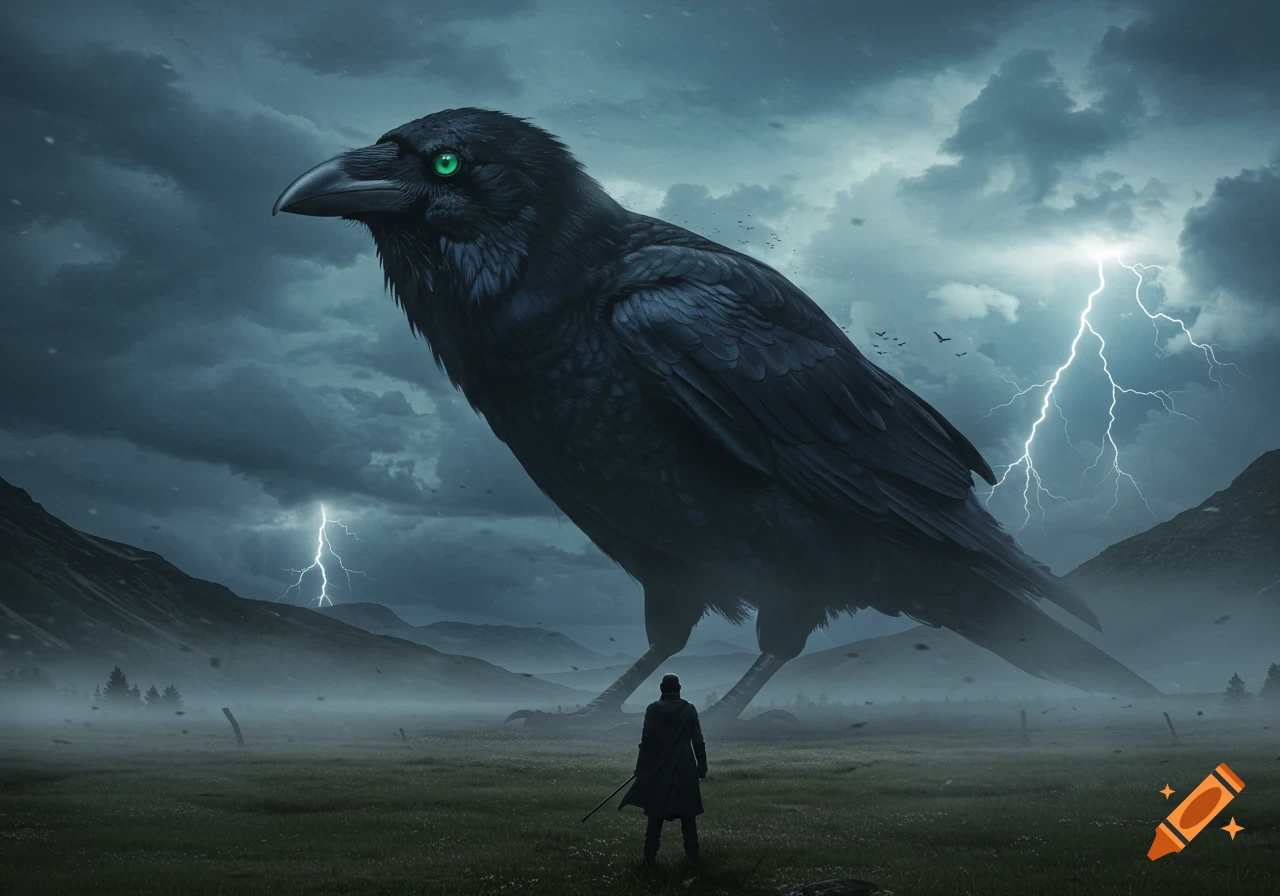 A black raven with subtle red eyes perches on a mossy stone pillar in a ...