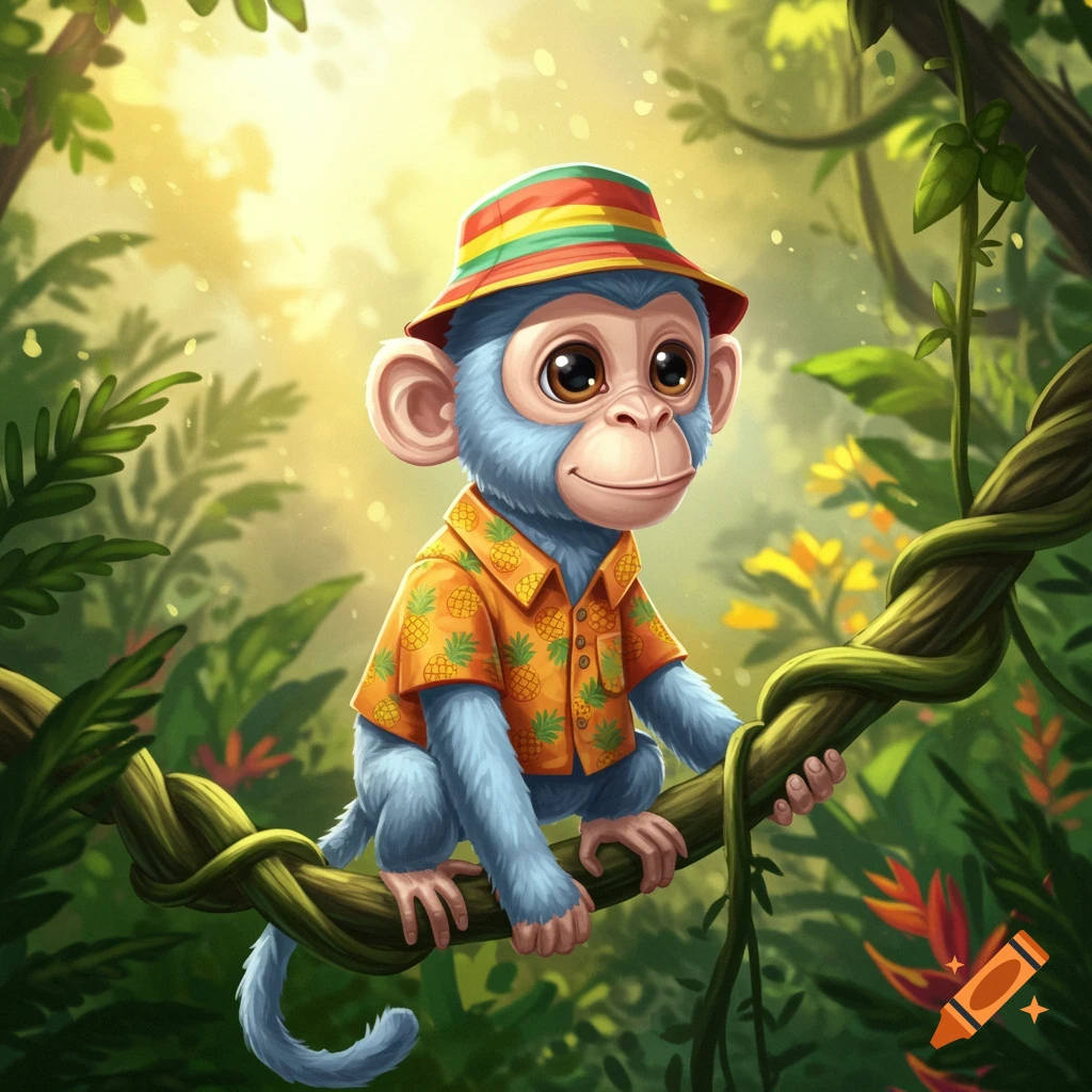 A cute cartoon light blue monkey wearing a colorful bucket hat and a ...