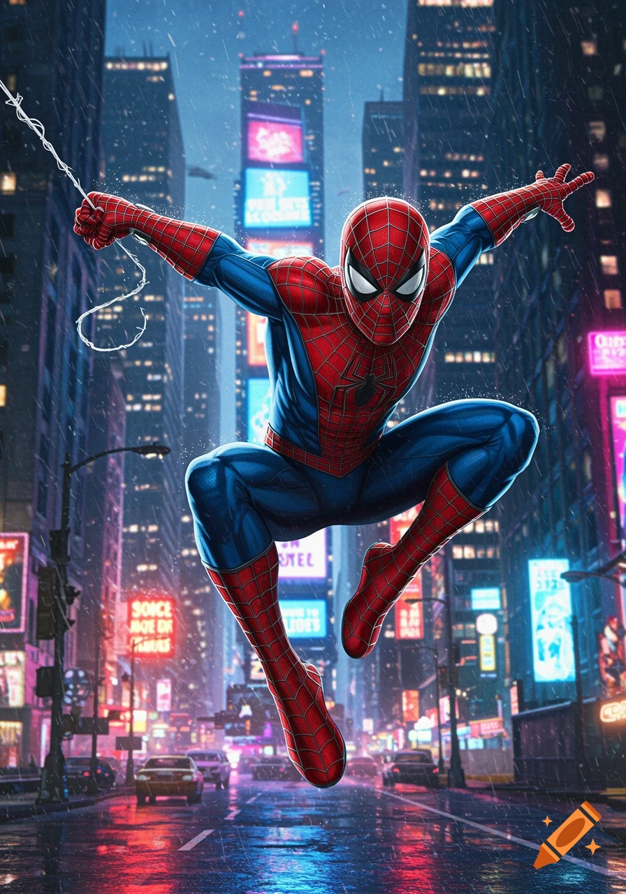Spider-Man swings through a rainy, neon-lit city at night in a detailed ...