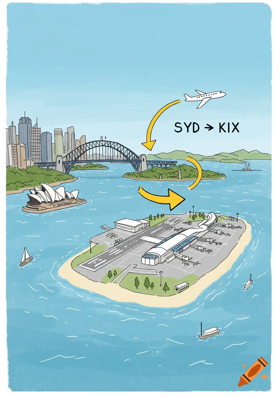 Hand-drawn map showing a flight route from Sydney to Kansai ...