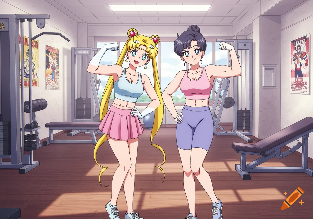 Anime illustration of Sailor Moon and her mom flexing their muscles in ...