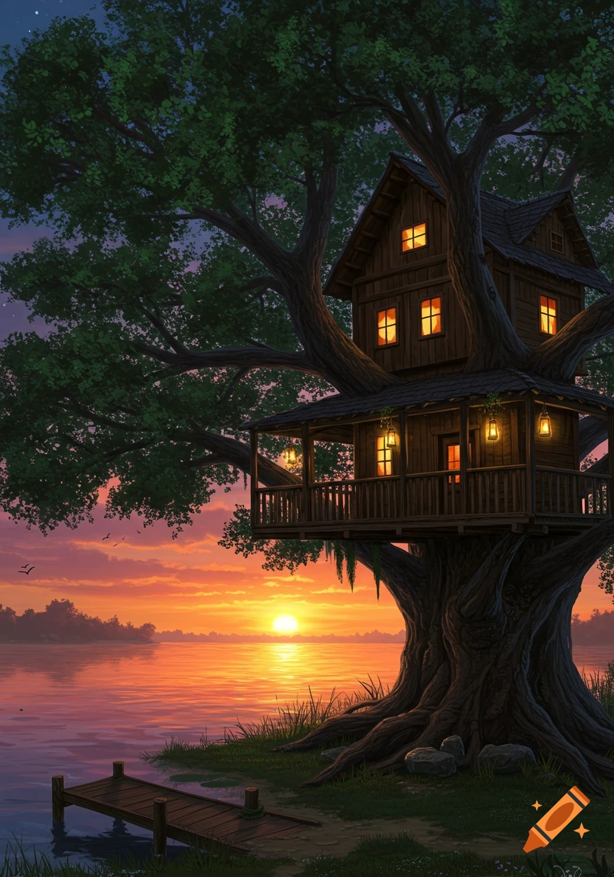 A detailed treehouse built into a large tree in a misty forest, with ...