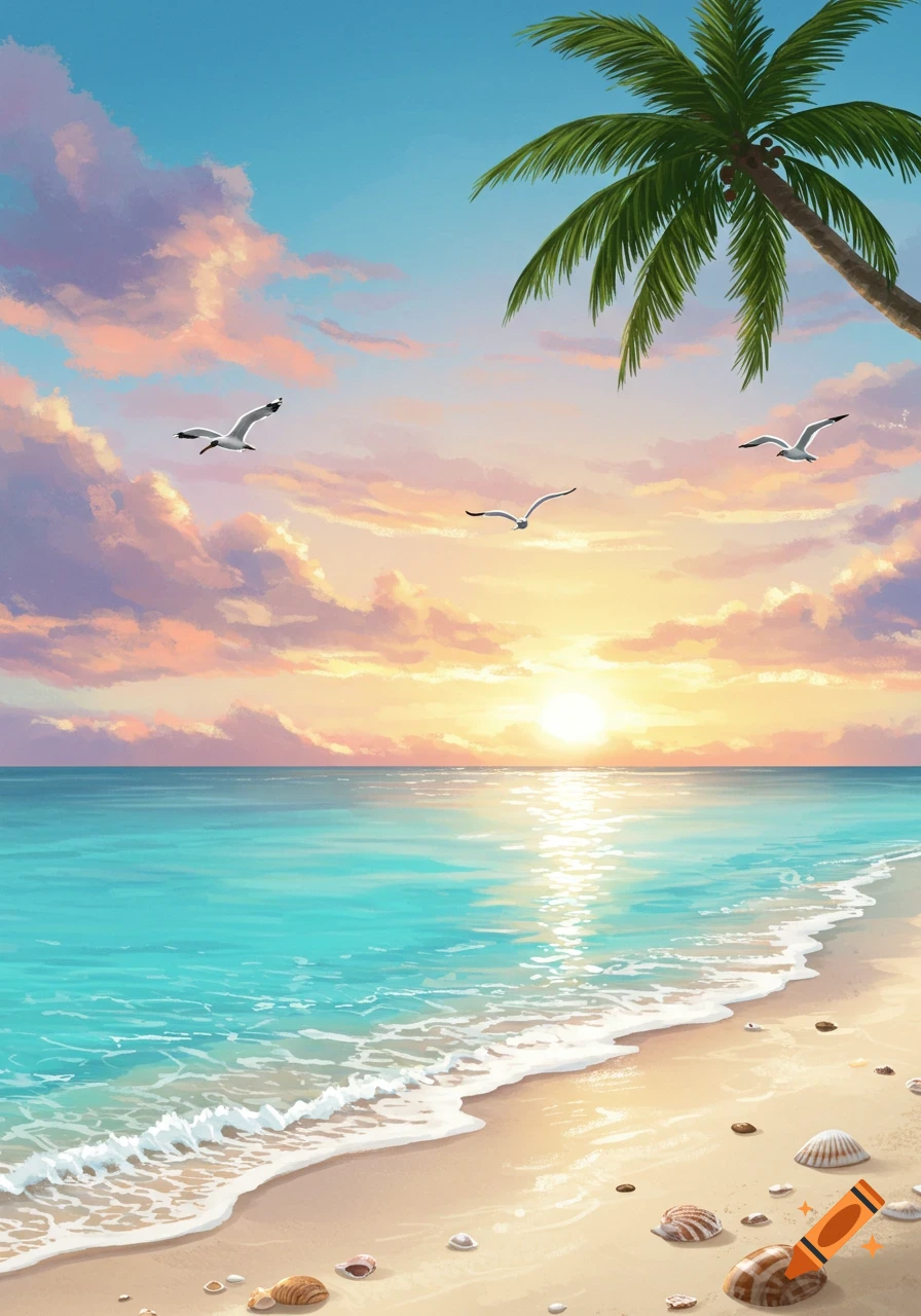 Painterly beach scene with a wooden lounge chair, turquoise towel, palm ...