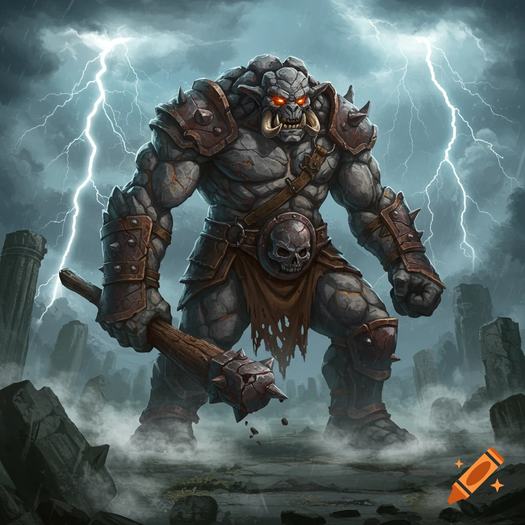 An armored Warhammer orc with a large spiked axe stands on a desolate ...