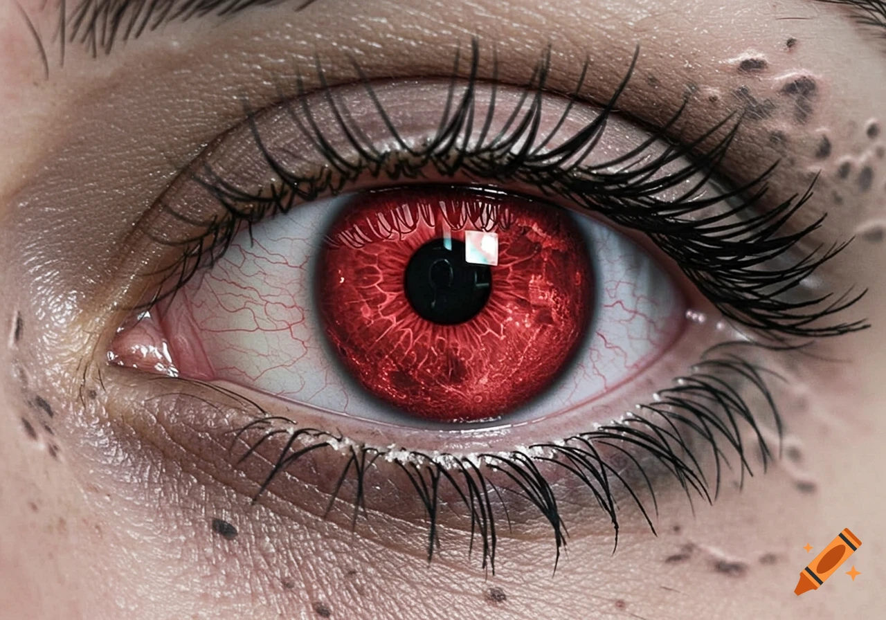 Close-up of a realistic eye with a vibrant red, textured iris ...