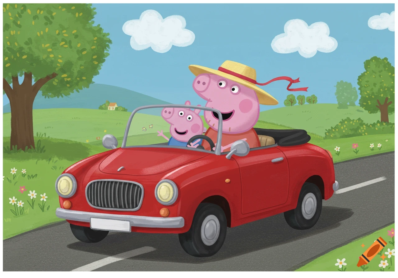 Peppa Pig drives a red convertible car through a sunny green landscape ...