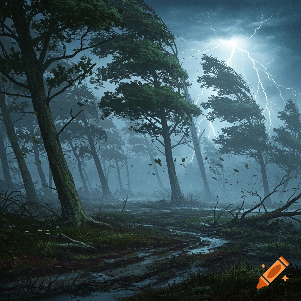 A dark, misty forest at night with a crow on a dead tree and lightning ...