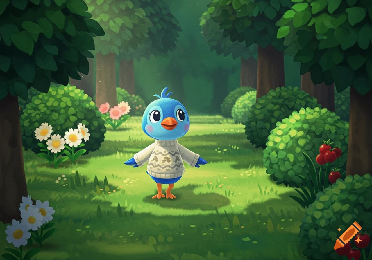 A blue cartoon bird in a white sweater stands on a grassy path in a ...
