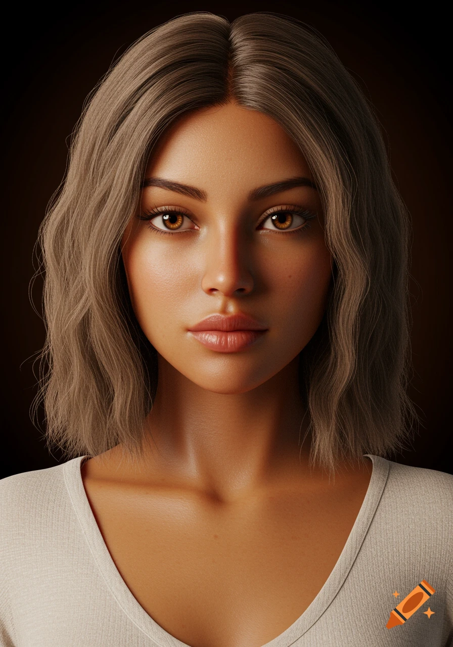 A close-up, photorealistic portrait of a young woman with fair skin, brown eyes, and wavy ...