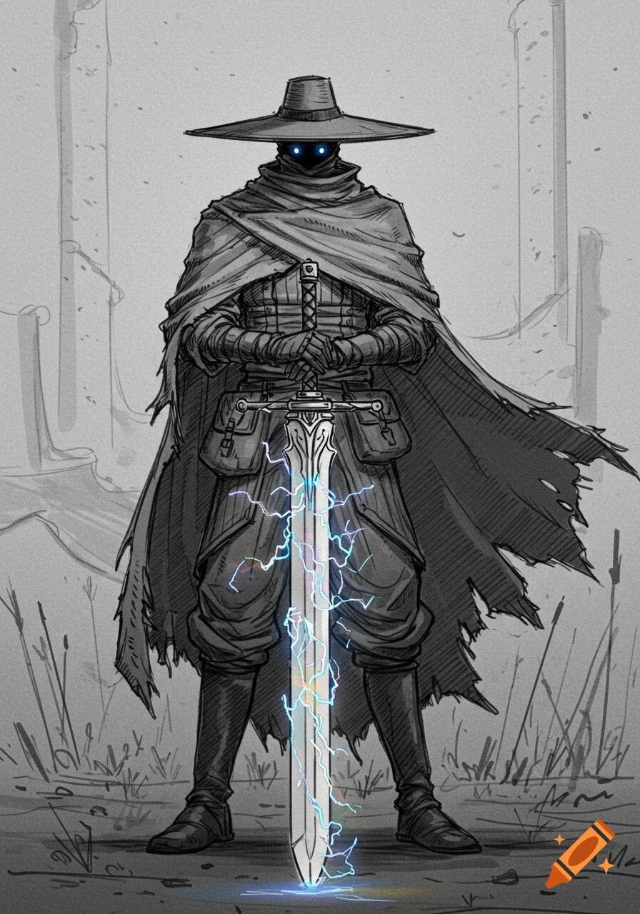 A full-body sketch of a mysterious swordsman wearing a wide-brimmed hat ...