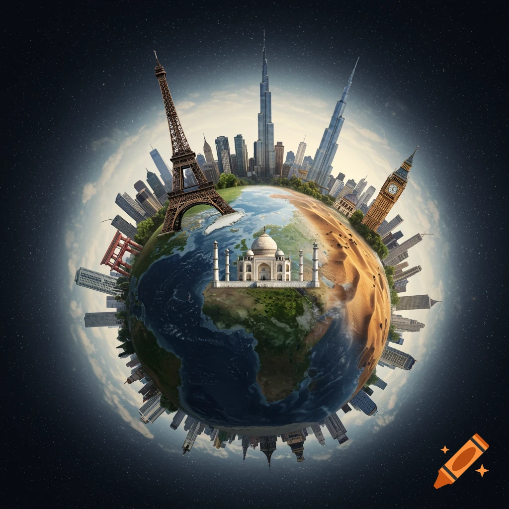A photorealistic spherical Earth with famous landmarks like the Eiffel ...