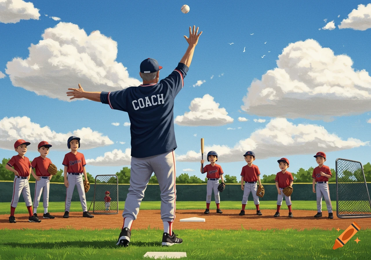 A baseball coach throws a ball while young players watch on a sunny ...