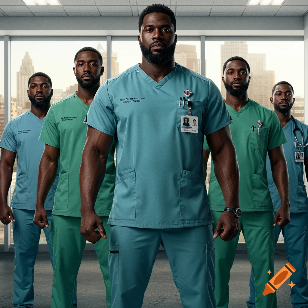 Five bearded African American men in medical scrubs stand confidently ...