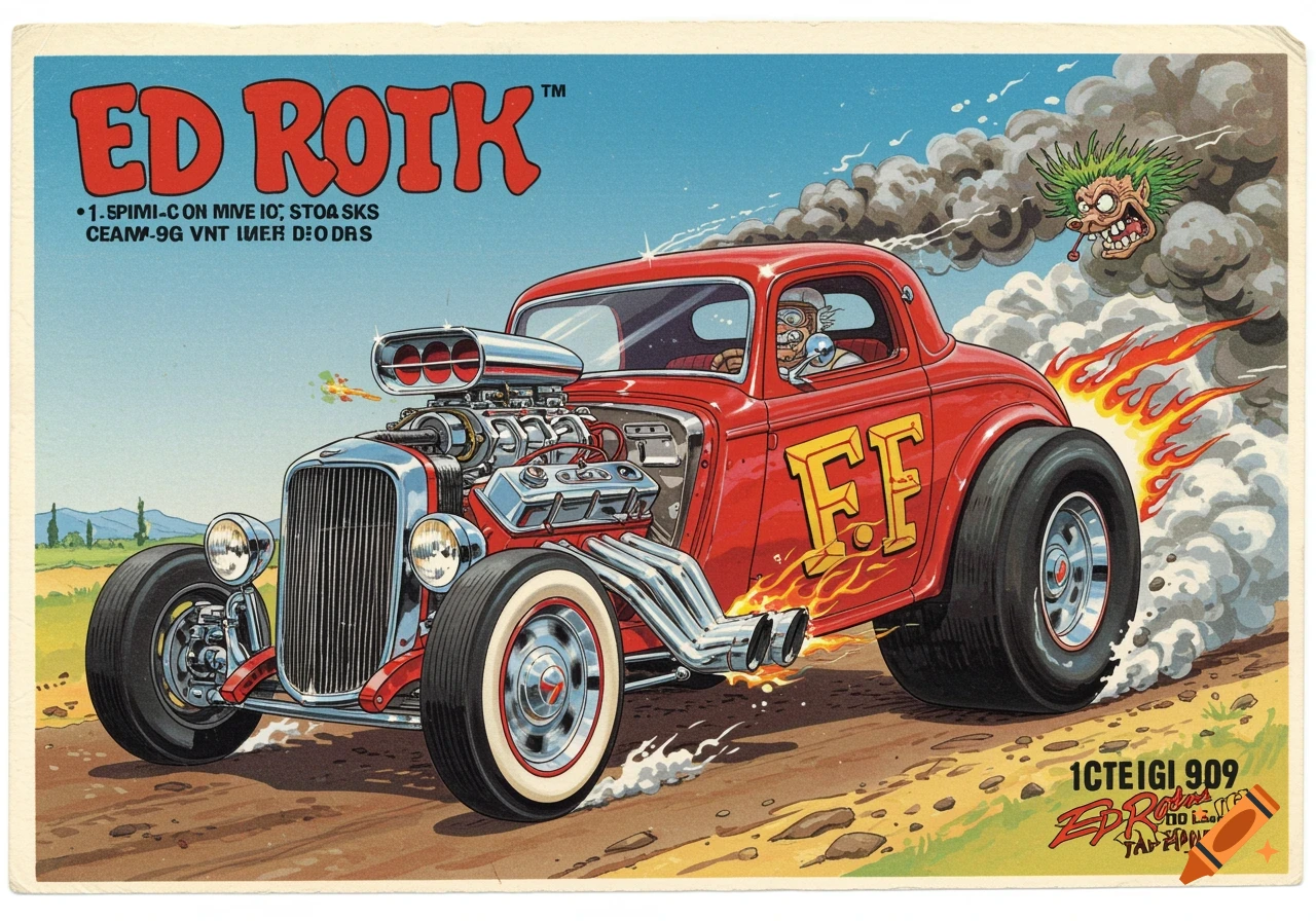 A vibrant, cartoonish Ed Roth-style drawing depicts a red 1960s hot rod ...
