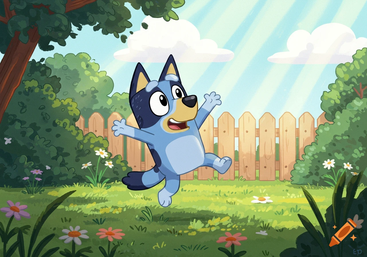 Bluey, Bingo, and Muffin cartoon dogs playing and jumping joyfully in a ...