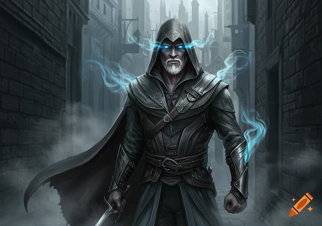 An older male fantasy character with glowing blue eyes and a white ...