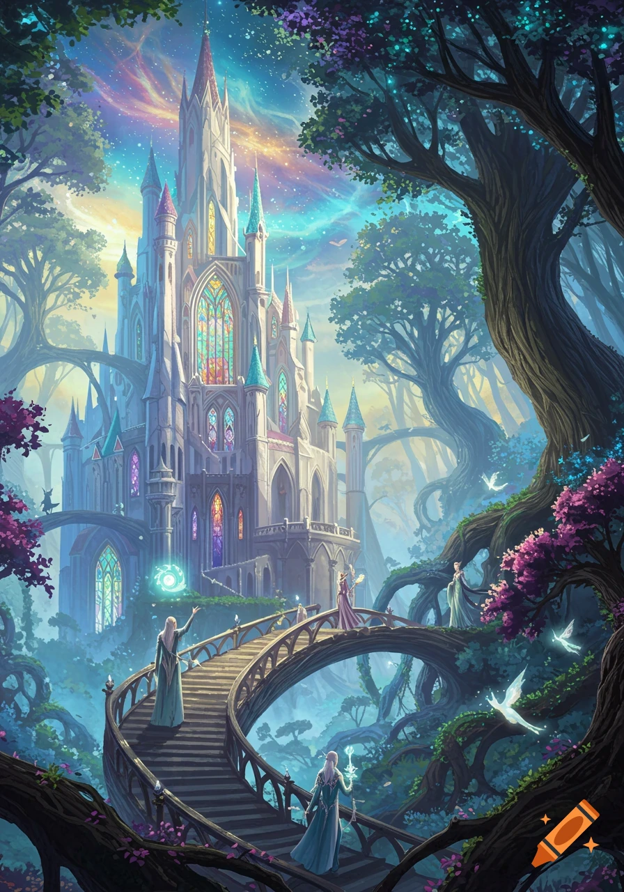 Illustrated fantasy map of a giant elder tree on a large floating ...