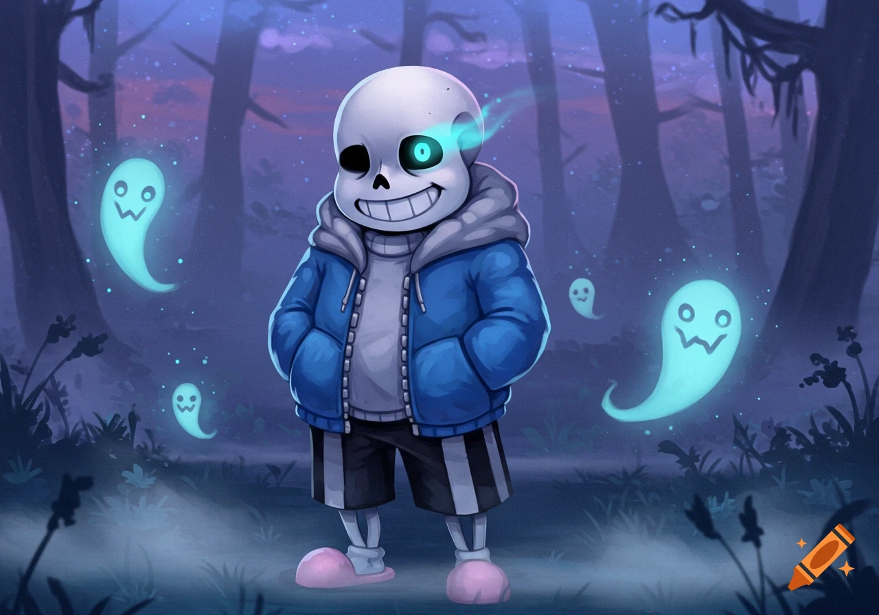A skeleton character with a wide grin, resembling Sans, stands in a ...