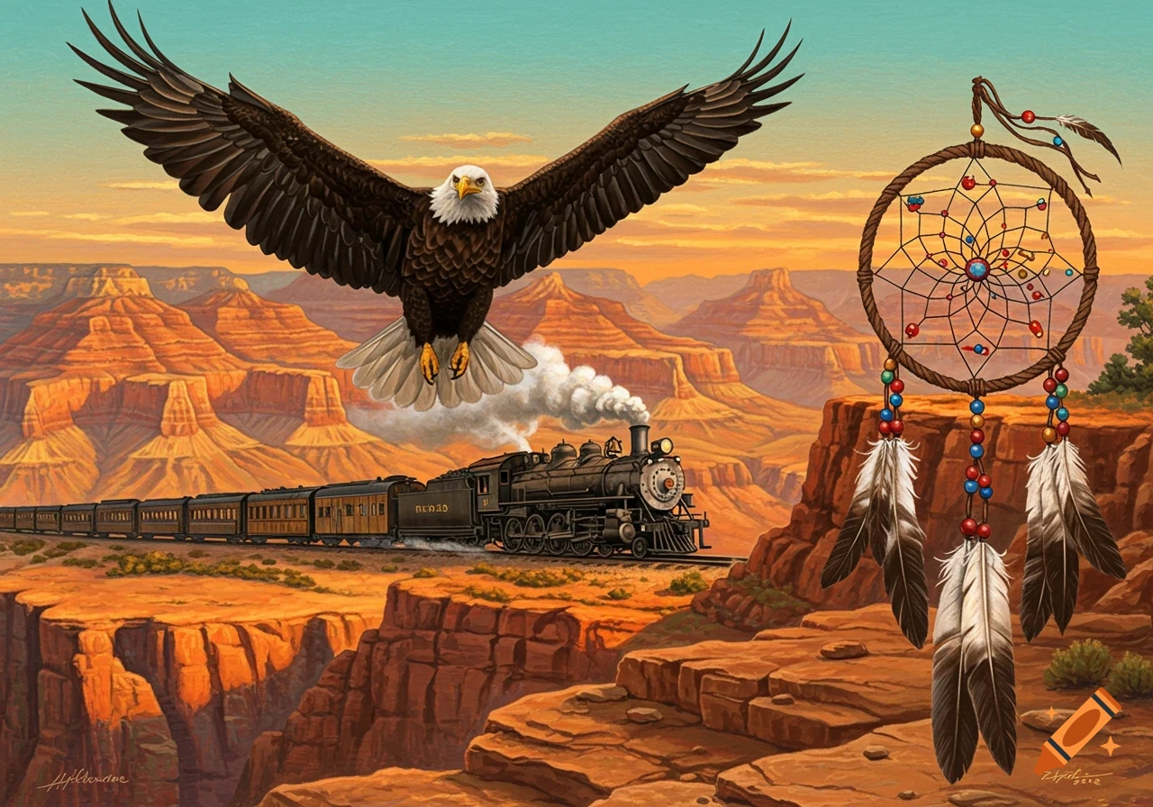 A painted scene of a bald eagle soaring over a steam train in a desert canyon, with a ...