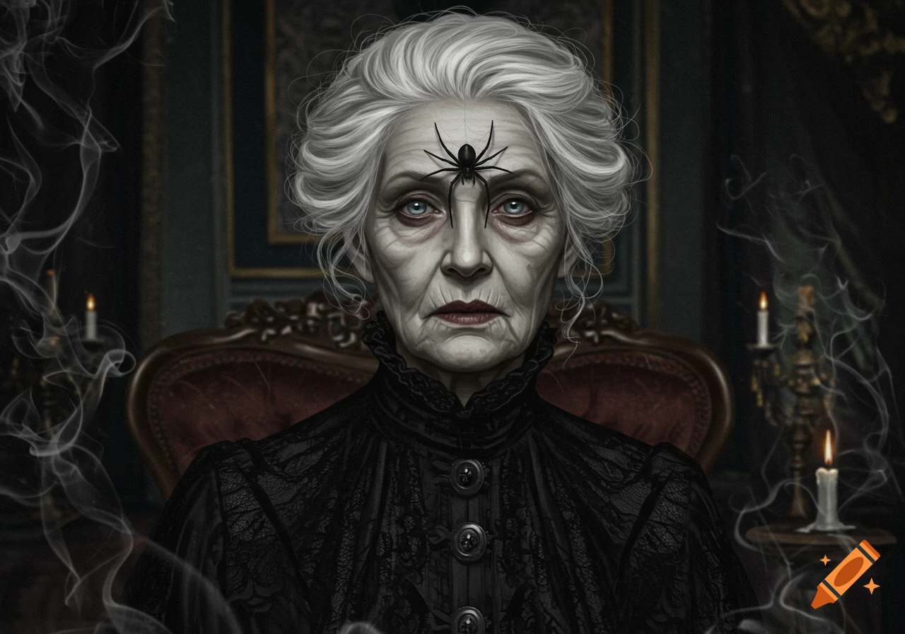 Gothic portrait of an old woman with white hair and pale skin, wearing a black lace dress, with ...