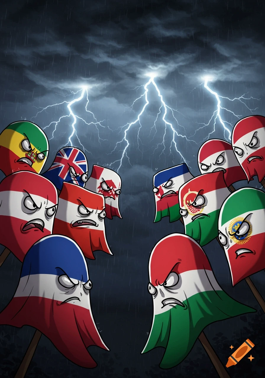 Cartoon flags of different countries with angry faces confront each ...