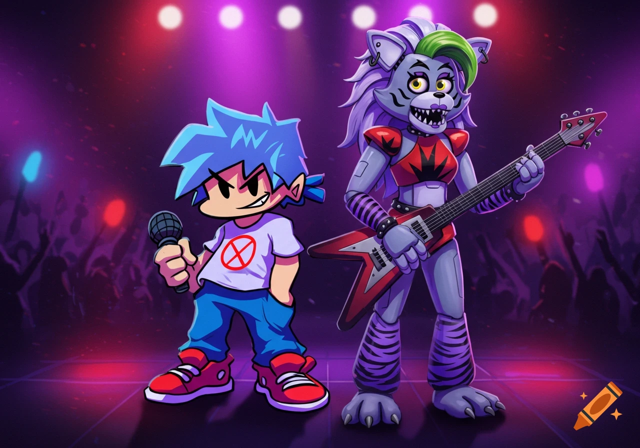 Boyfriend from FNF with a microphone and Roxanne Wolf from FNAF ...