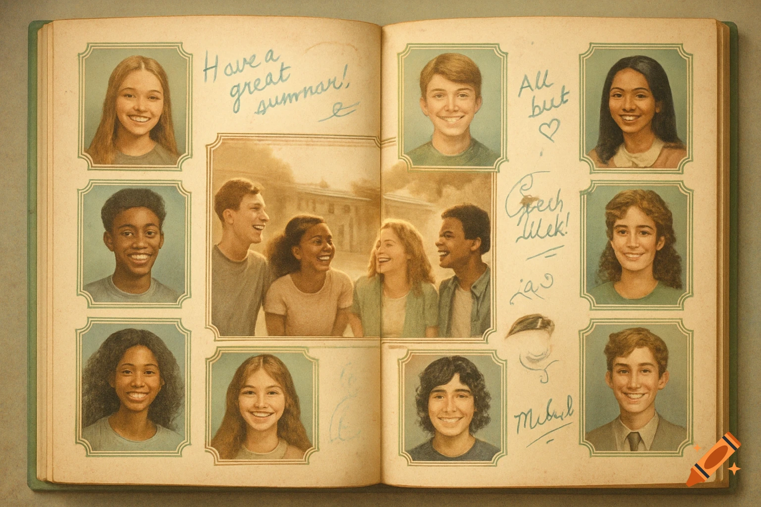 An open vintage-style yearbook with various student portraits and a ...
