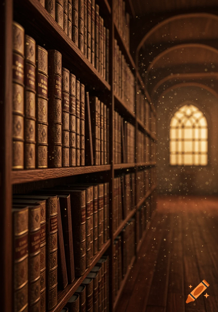 A grand, ornate library hall with tall wooden bookshelves and many ...