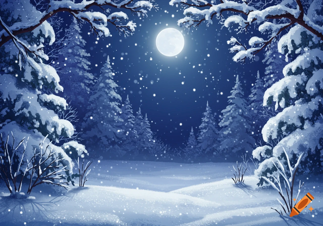 A snowy path lined with breadcrumbs winding through a dense winter ...