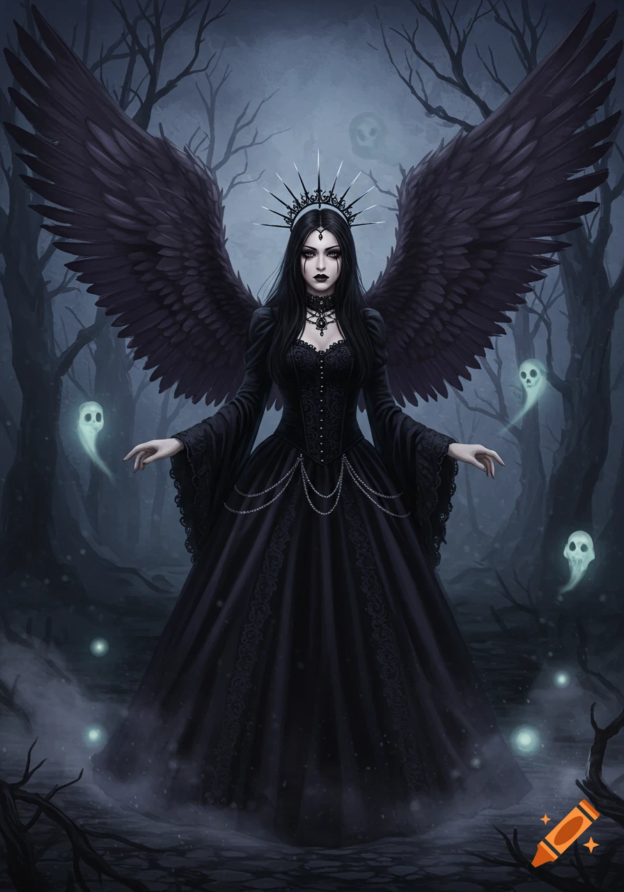 A gothic queen with a thorny crown and long black hair stands in a ...