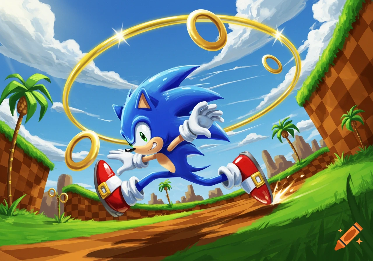 Sonic the Hedgehog speeds across a grassy landscape with golden rings ...