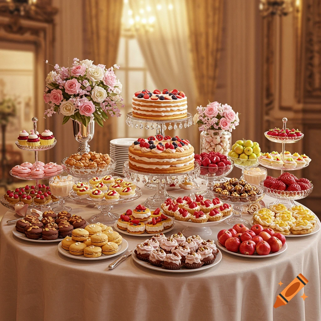 A photorealistic image of a large, lavish sweet grazing table laden ...