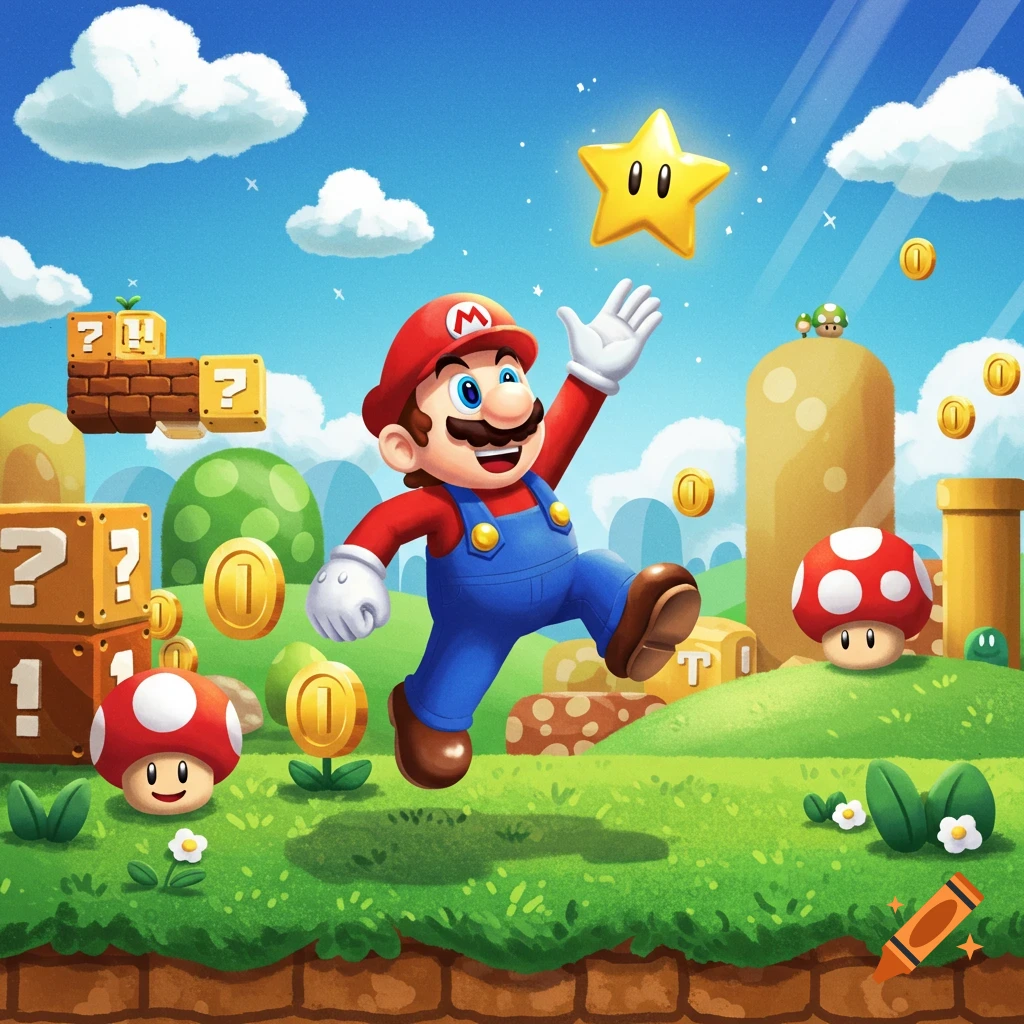 Mario leaps through a vibrant, cartoon Super Mario Bros. level with ...
