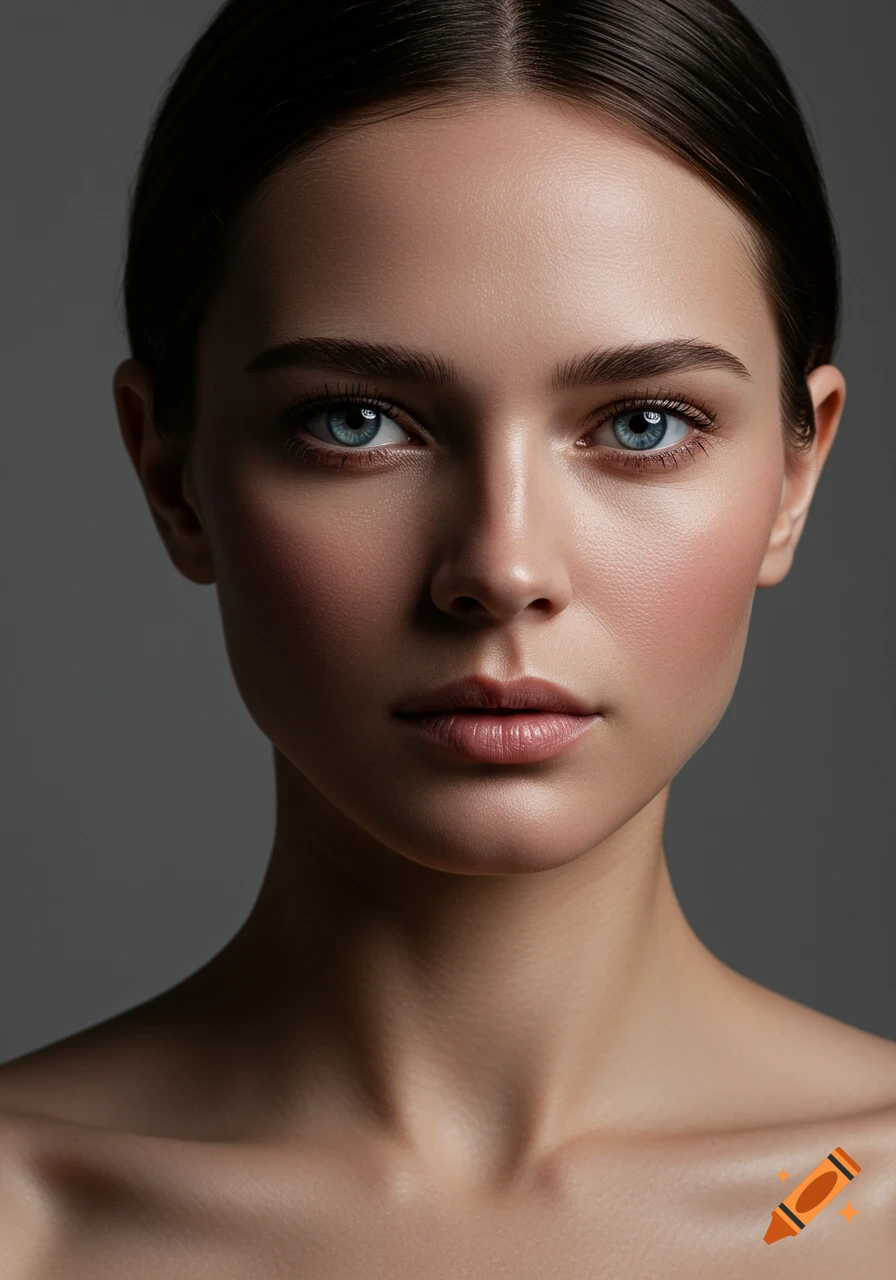 Close-up portrait of a blonde person with blue-grey eyes and freckles, against a blurred ...