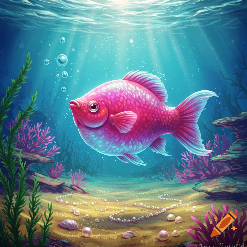 A cute, pink cartoon fish with big eyes floats in a vibrant fish tank ...