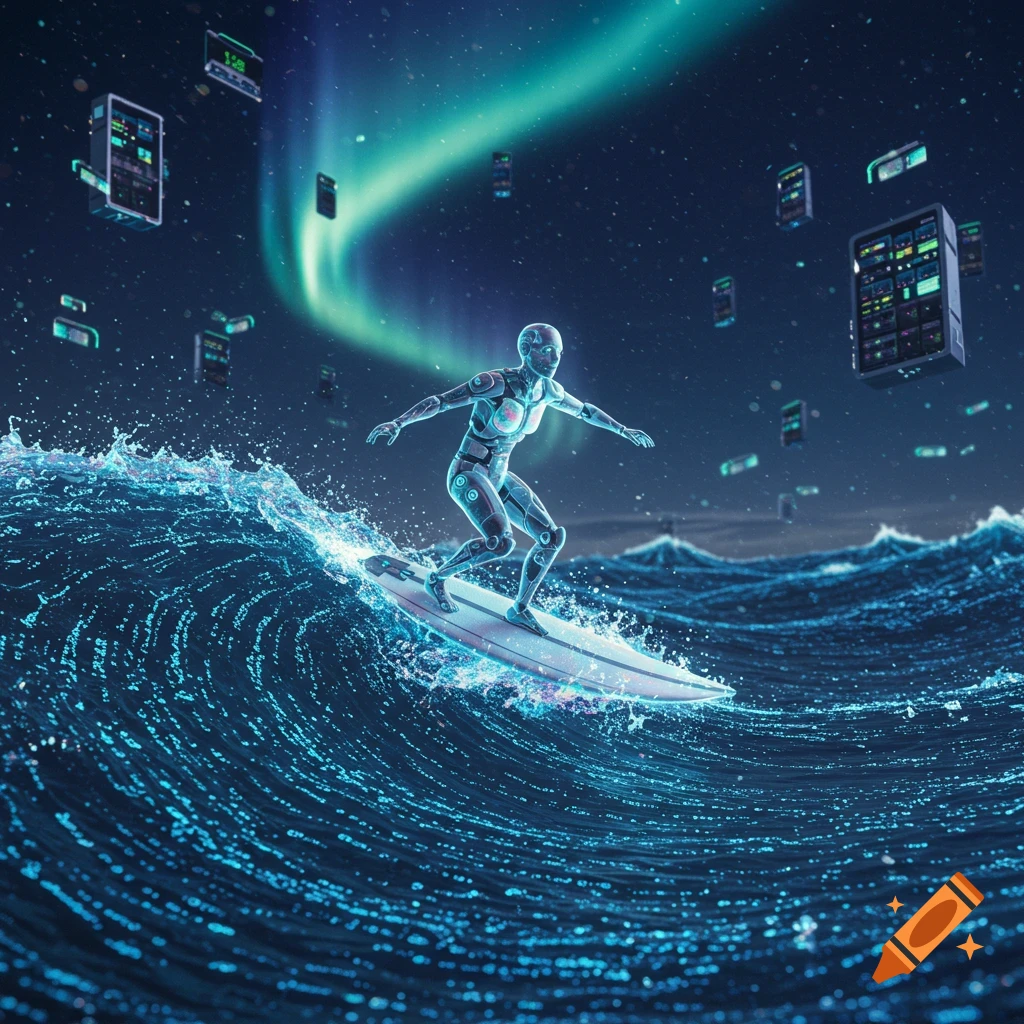 A glowing holographic robot surfs on a bioluminescent wave at night ...