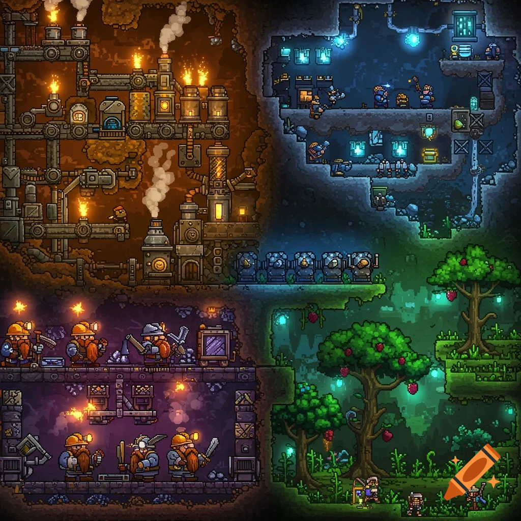 A pixel art collage showing scenes from video games: an industrial ...