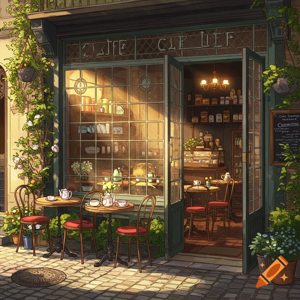 An aesthetic cafe exterior with tables and chairs on a cobblestone ...