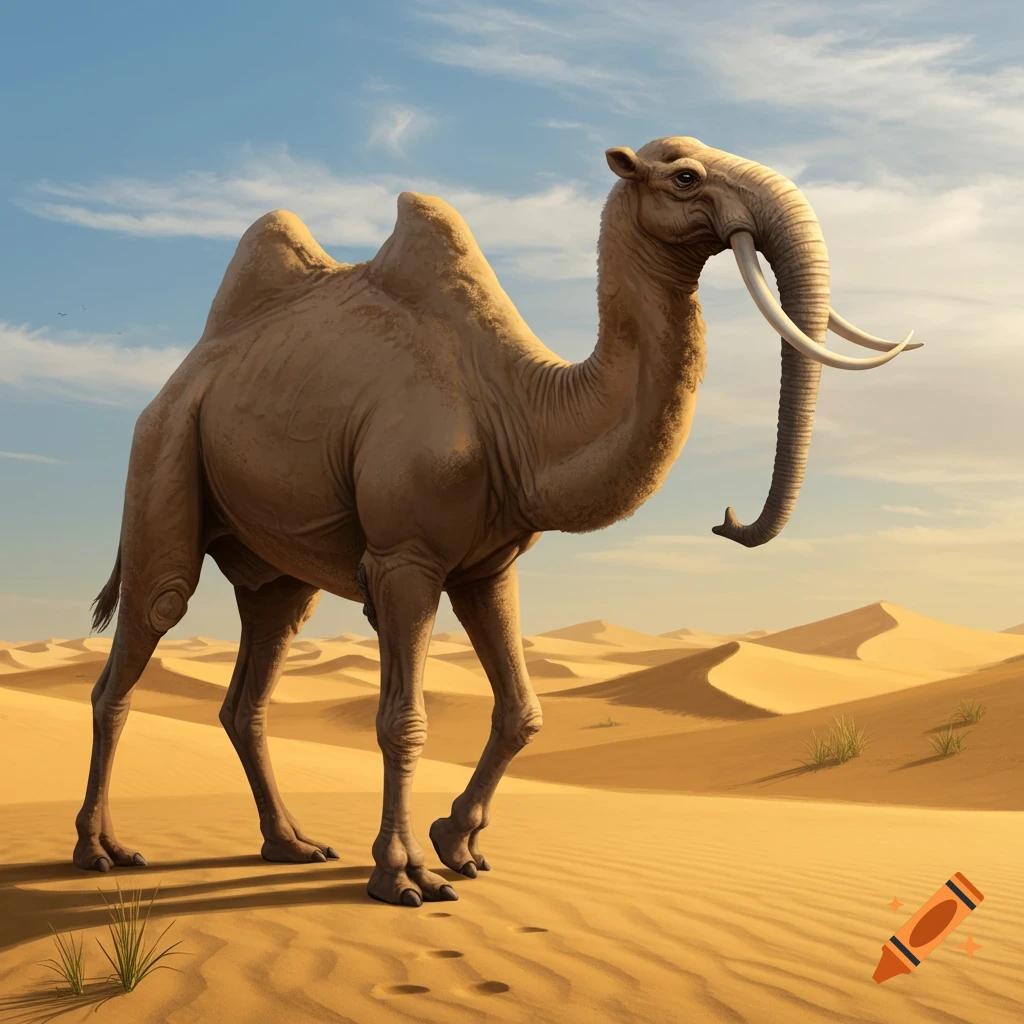 A majestic hybrid creature, part camel with two humps and part elephant with a trunk and tusks ...