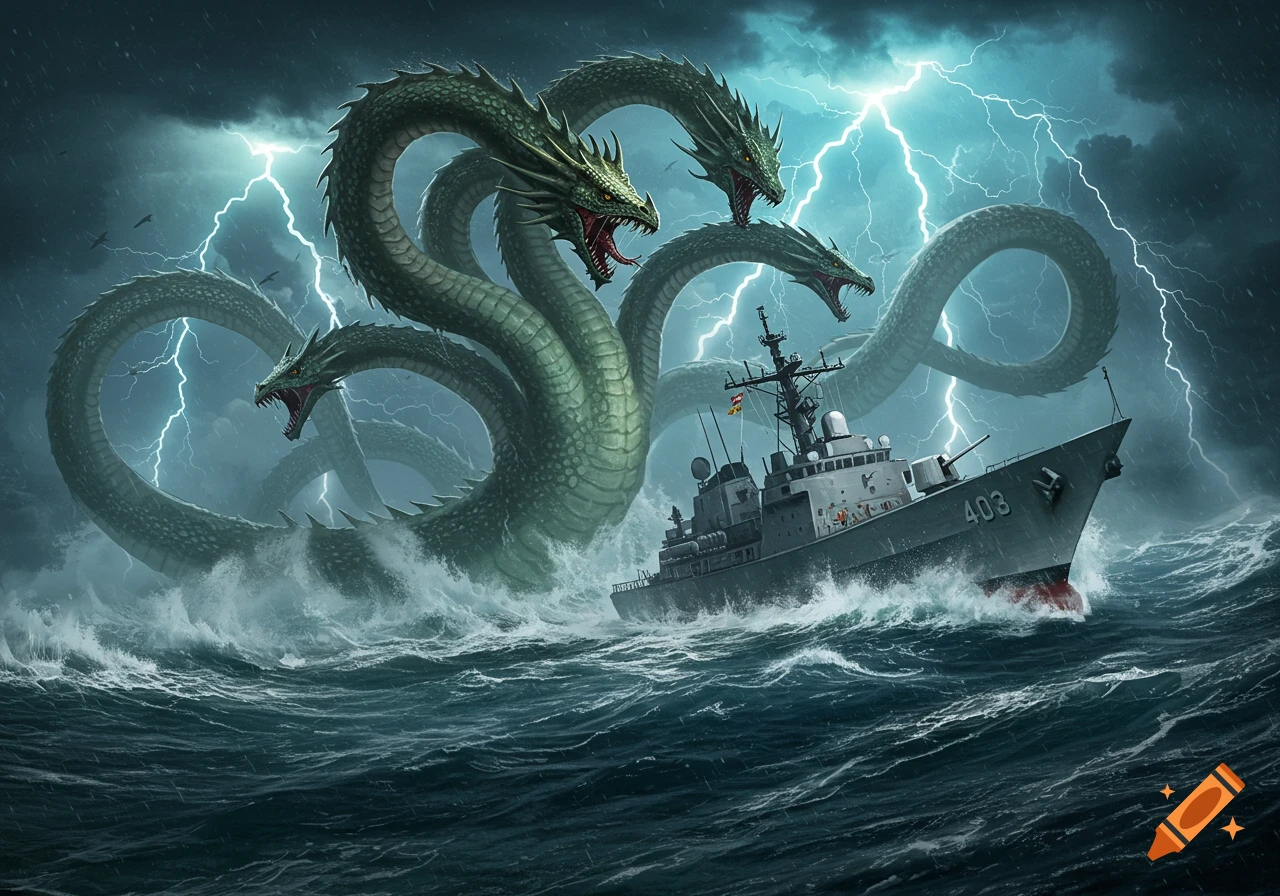 A massive green hydra sea dragon attacking a modern naval ship, number ...