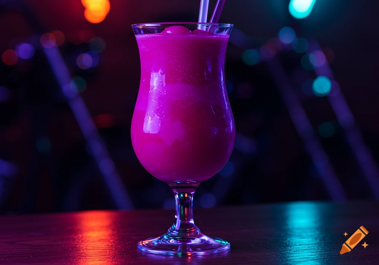 Ultra-realistic close-up of a glowing neon pink and purple smoothie in ...