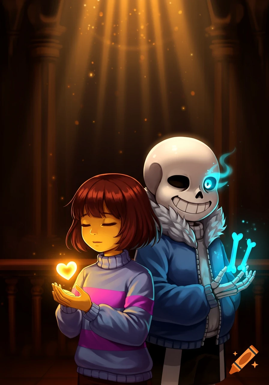Frisk holds a glowing heart as Sans stands beside them with glowing ...
