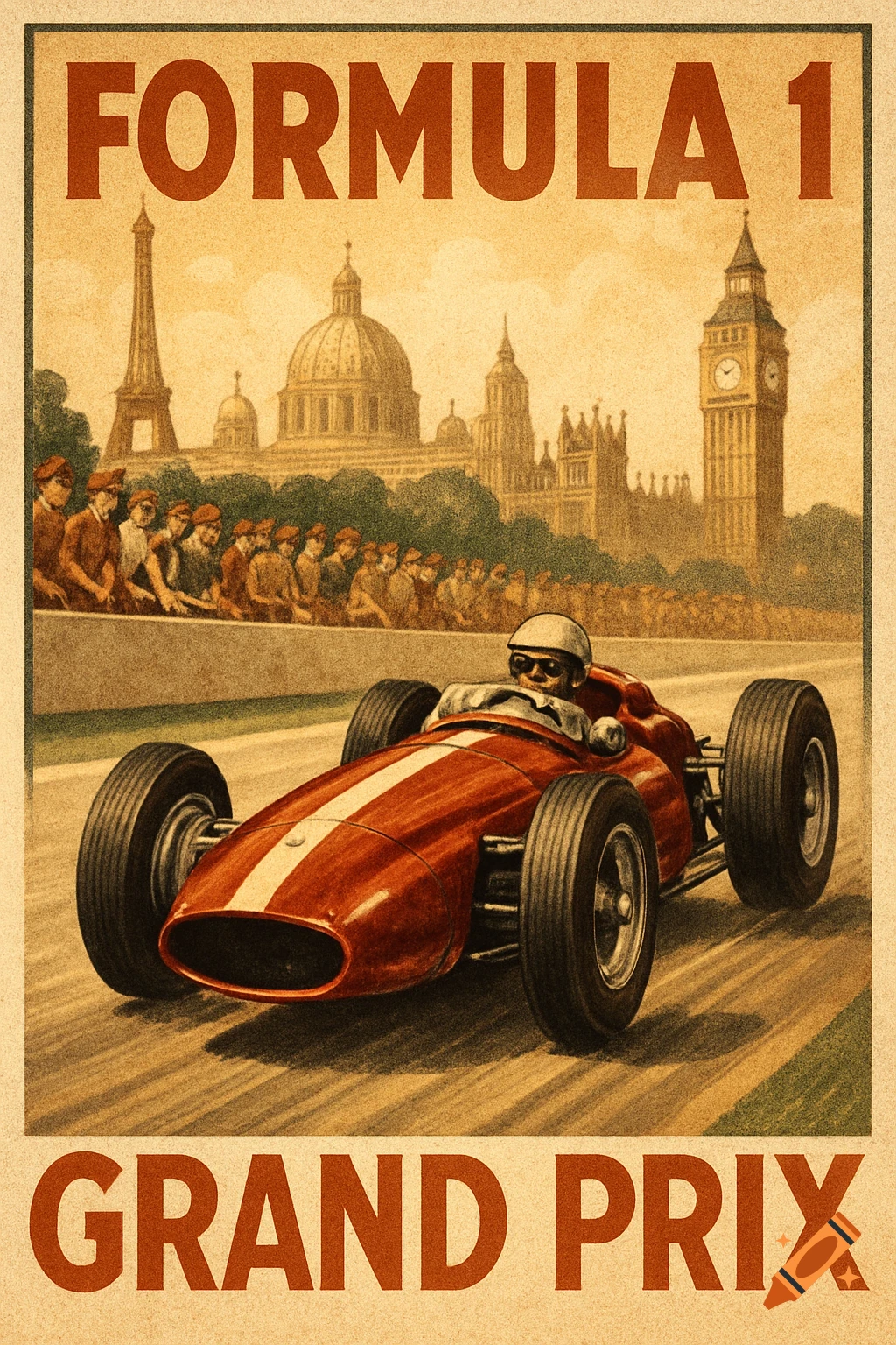Vintage poster of a red Formula 1 car racing past European landmarks ...