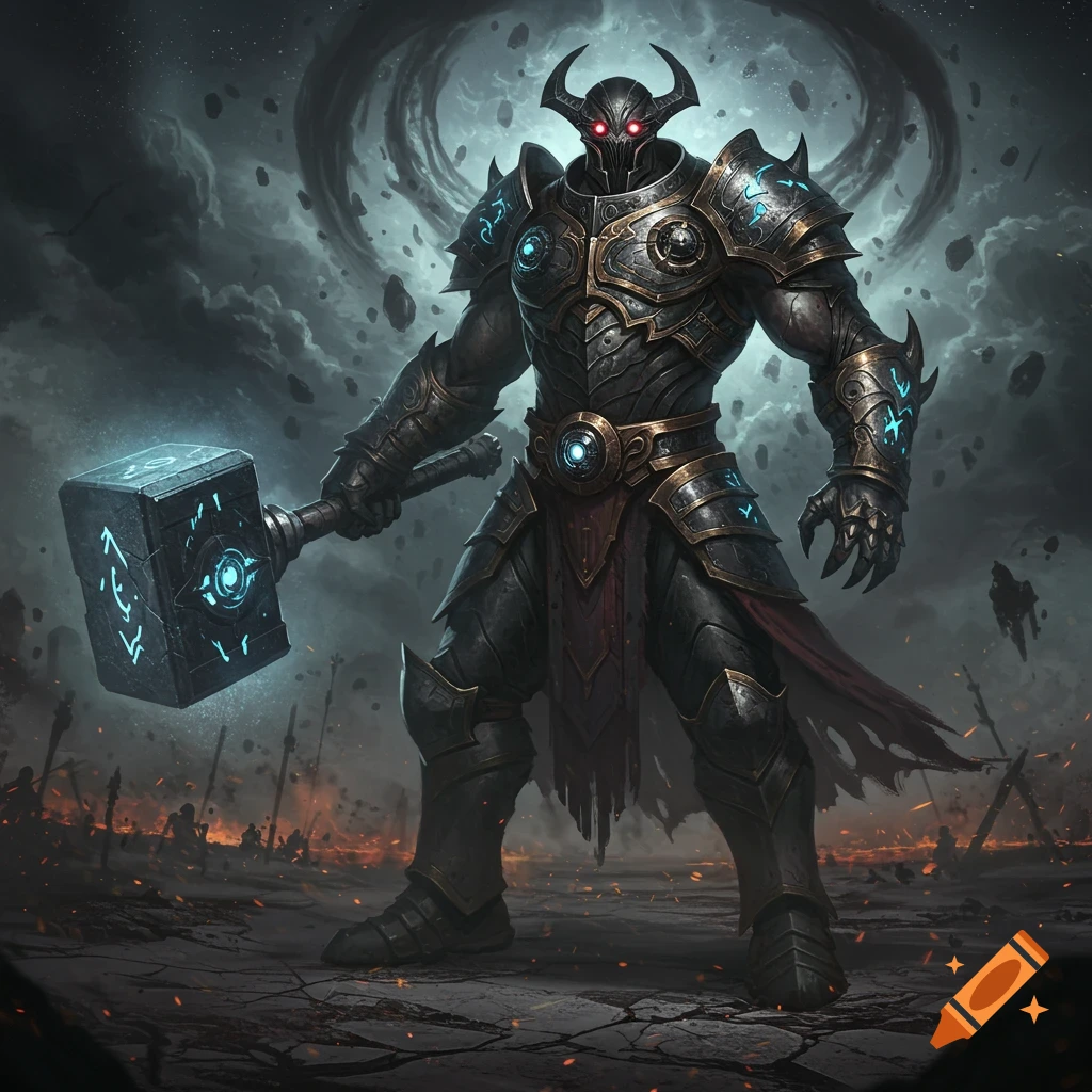 A heavily armored stone giant with glowing red eyes and runes stands ...