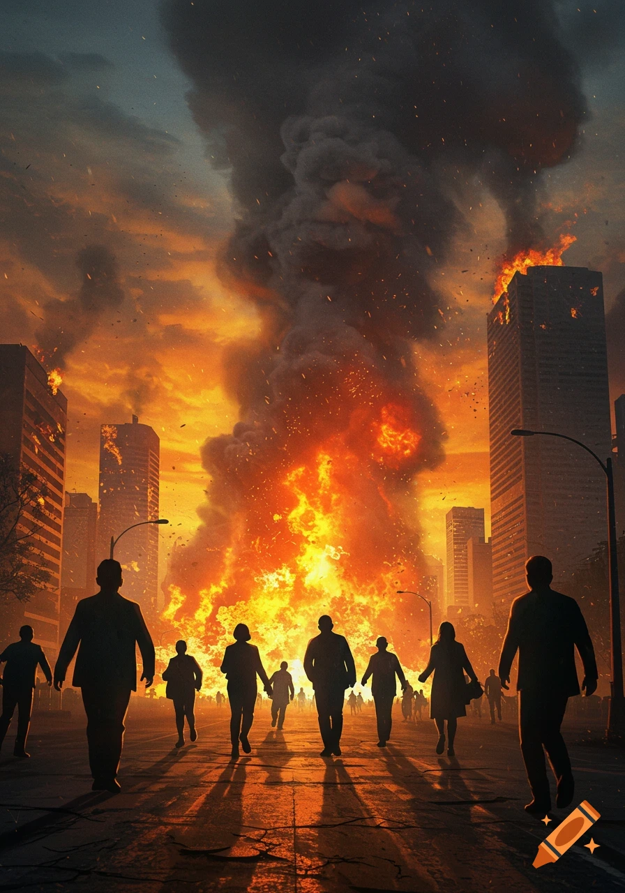 Vintage pulp illustration of a panicked man running from the fiery ...