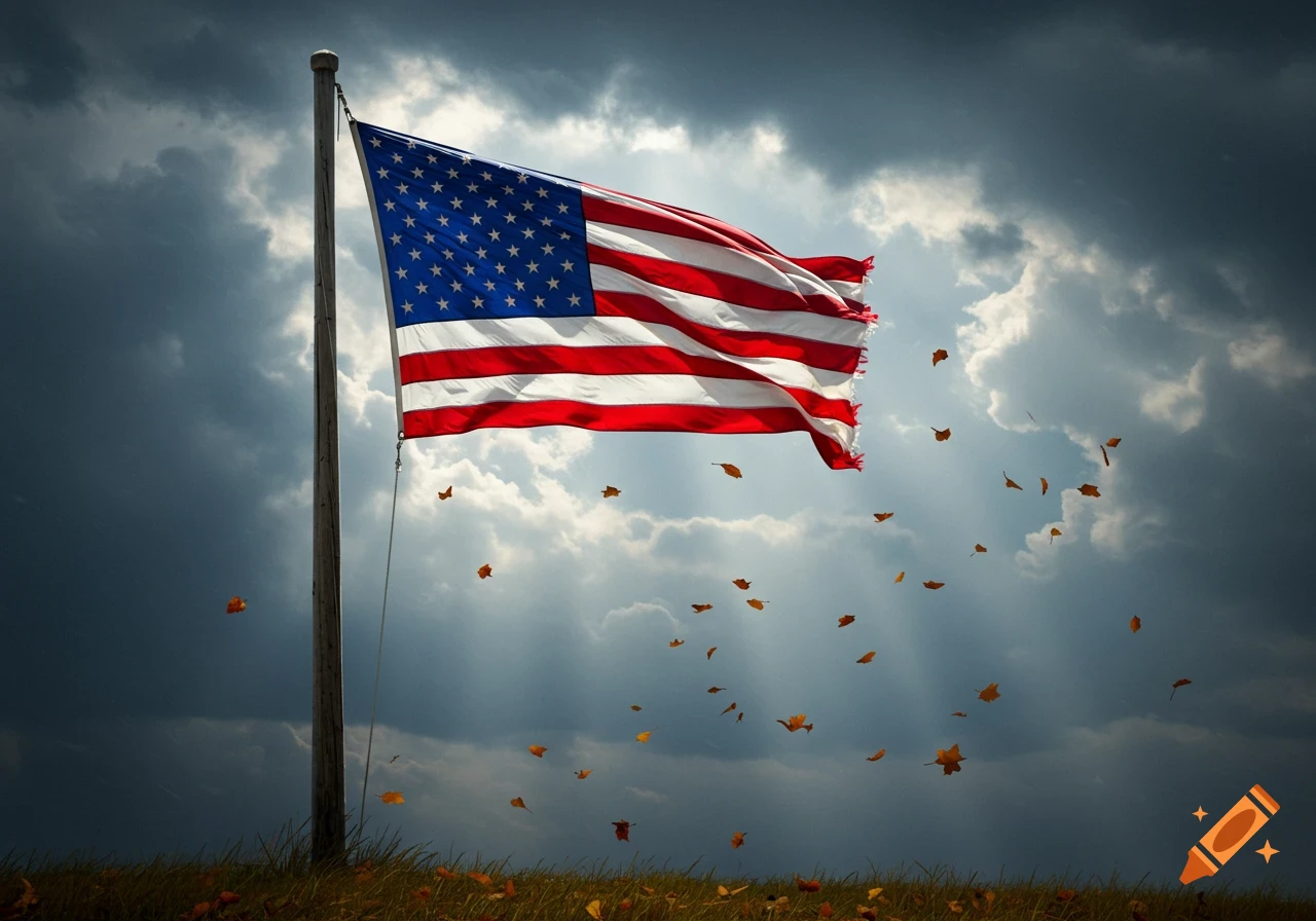 American flag flying at full mast under a dramatic, cloudy sky with ...