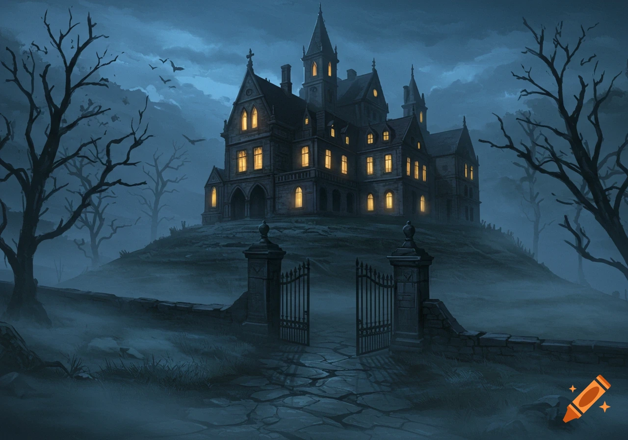 Spooky gothic haunted house with glowing red windows behind an open ...