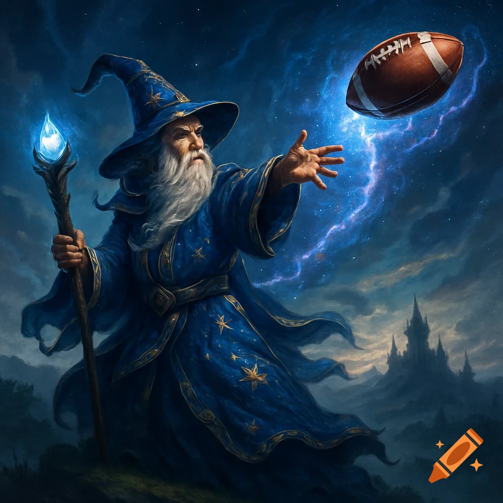 A powerful wizard in blue robes uses magic to throw an American ...