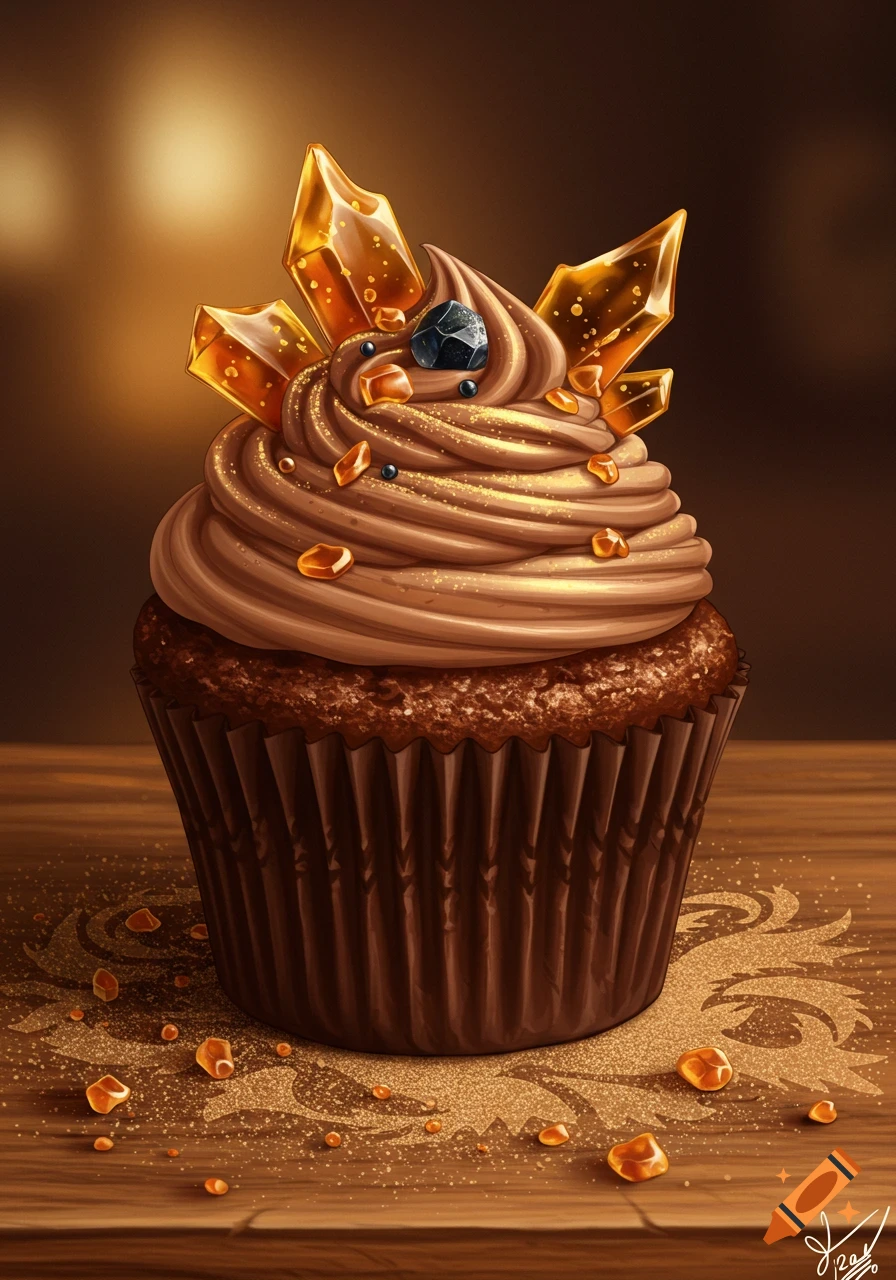 A richly detailed chocolate cupcake with brown frosting, adorned with ...