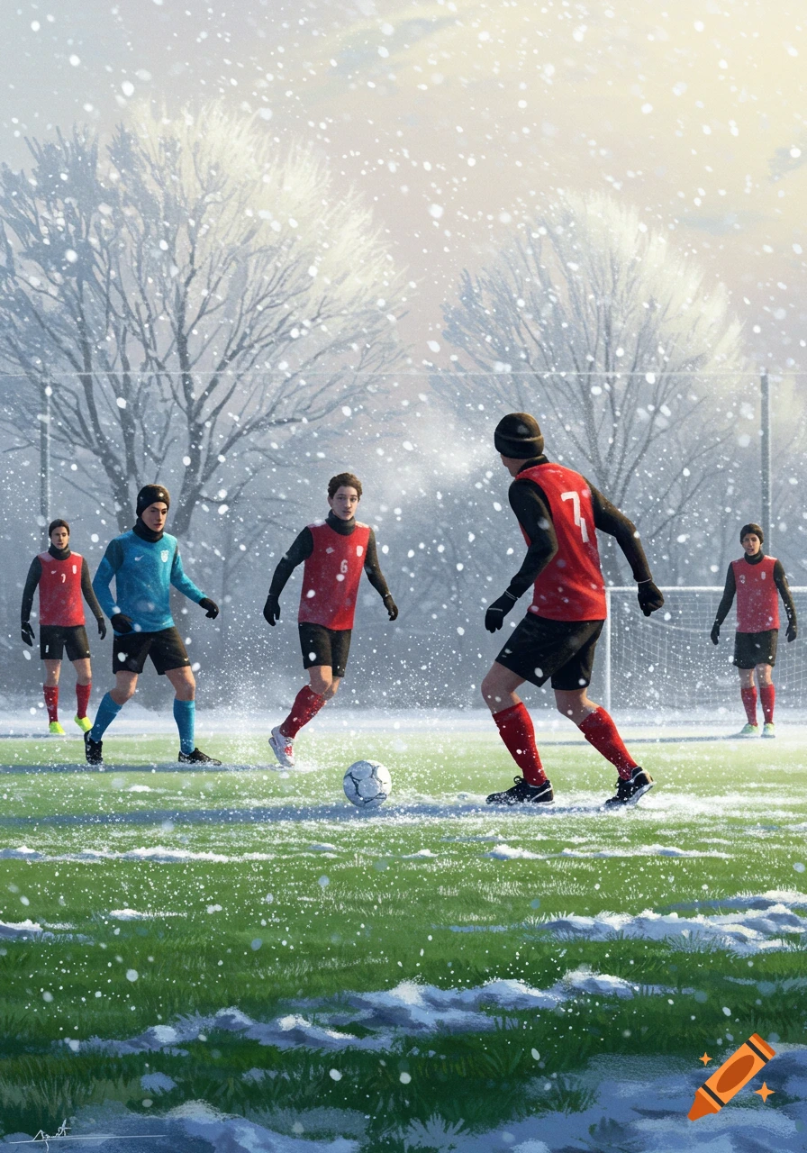 Soccer players on a snowy green field during a winter game with falling ...